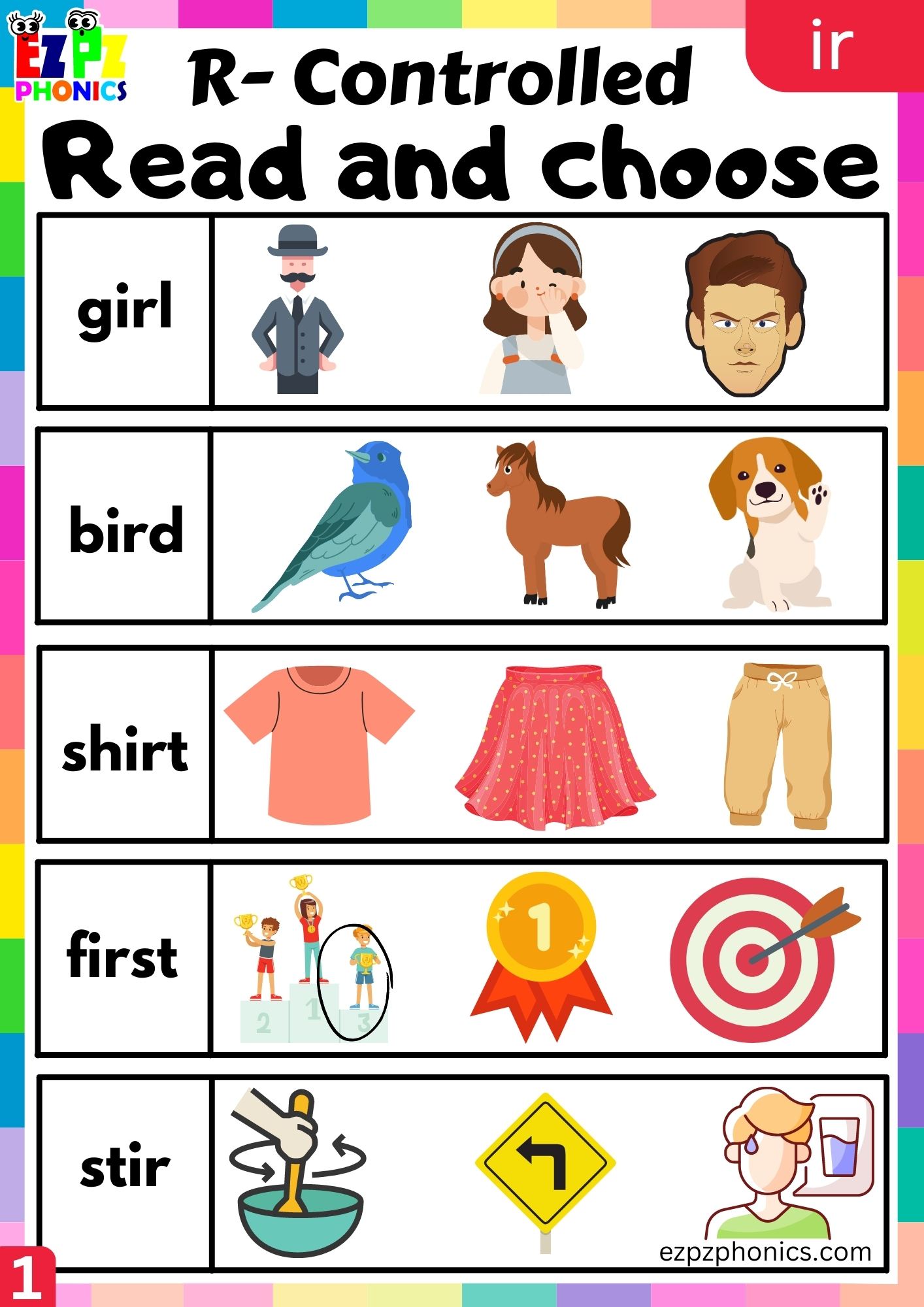 Read and choose activity for ir words R Controlled Vowels Phonics group 1 - ezpzphonics.com